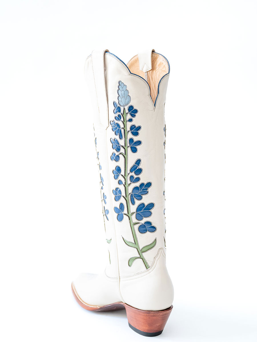 White Block Heel Bluebonnet Floral Embroidered Knee Cowboy Boots