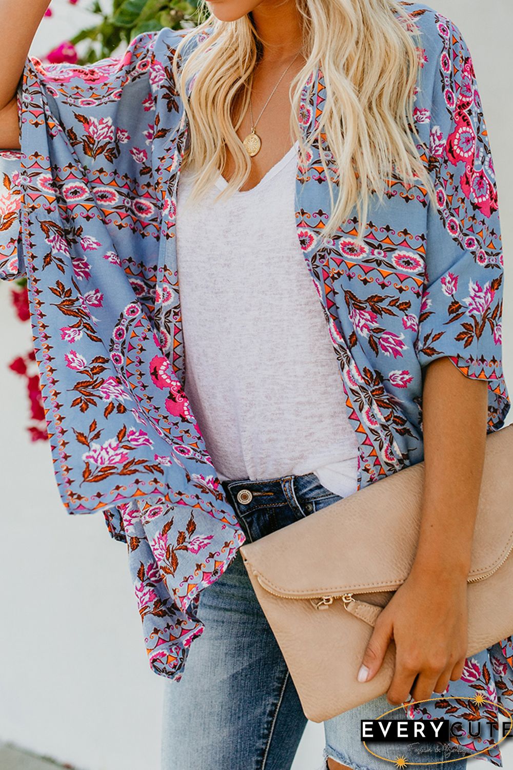 Wholesale Sky Blue Floral Kimono Cardigan Open Front Cover Up Online