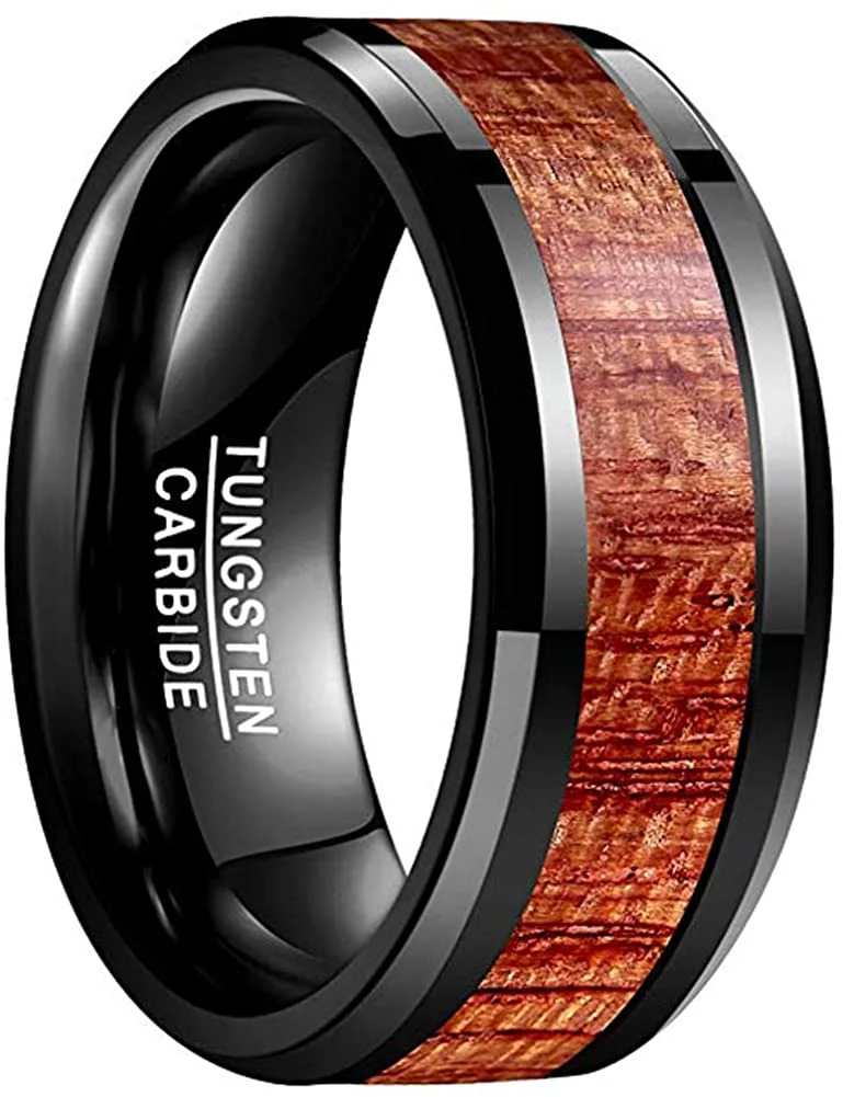 6/8/10MM Mens Womens Tungsten Carbide Rings Koa Wood Black Carbon Fiber ...