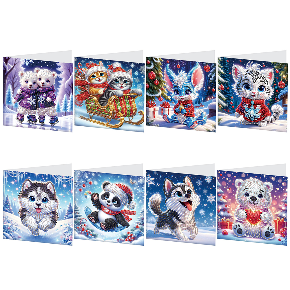 8Pcs DIY Christmas Animals Diamond Painting Greeting Cards
