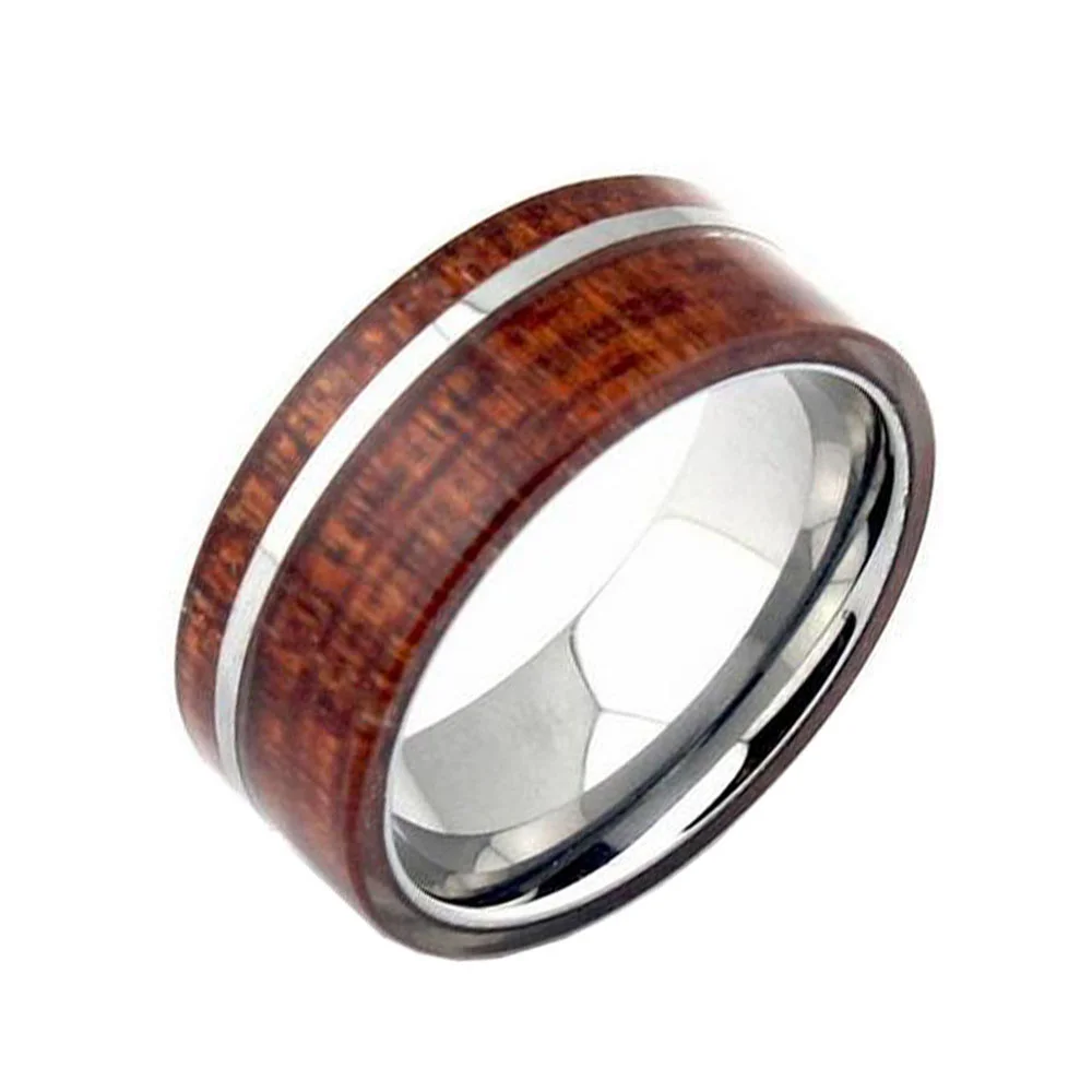 8MM Flat Wood Inlay Surface with Thin Silver Line Tungsten Rings ...