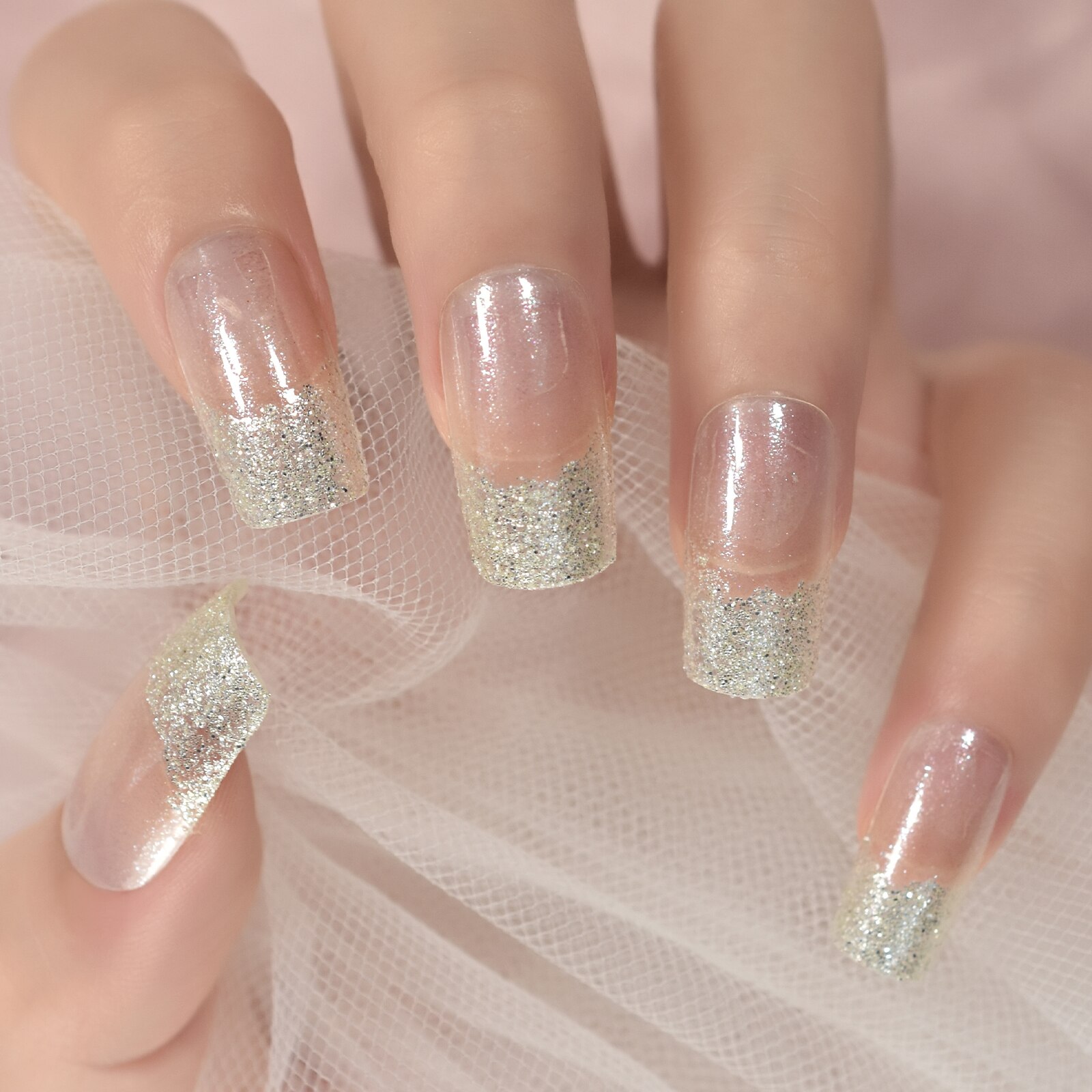 Churchf Transparent Glitter French Press on False Nails Medium Squoval ...