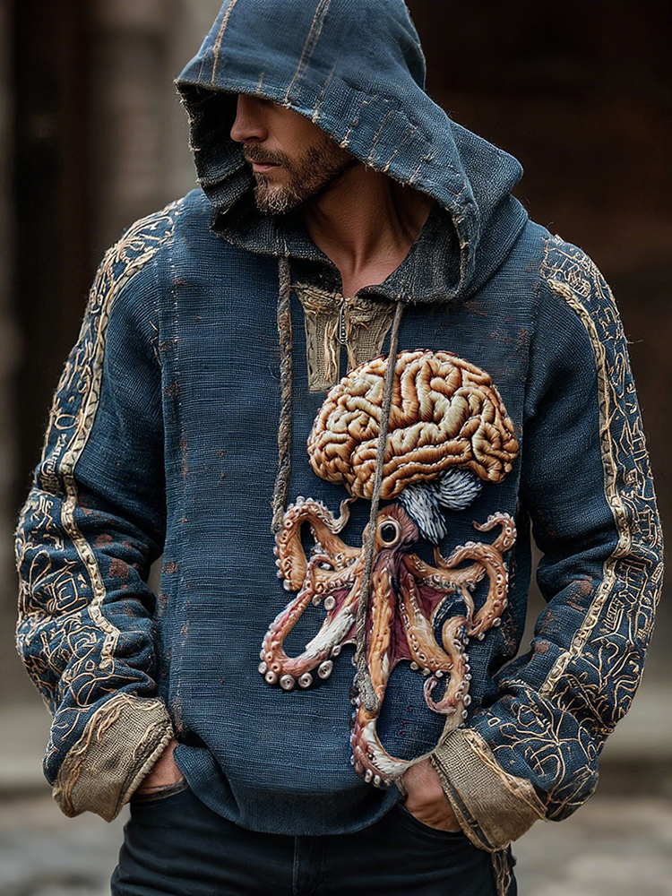 Human Anatomy Brain Cthulhu Octopus Inspired Cotton And Linen Hooded Shirt