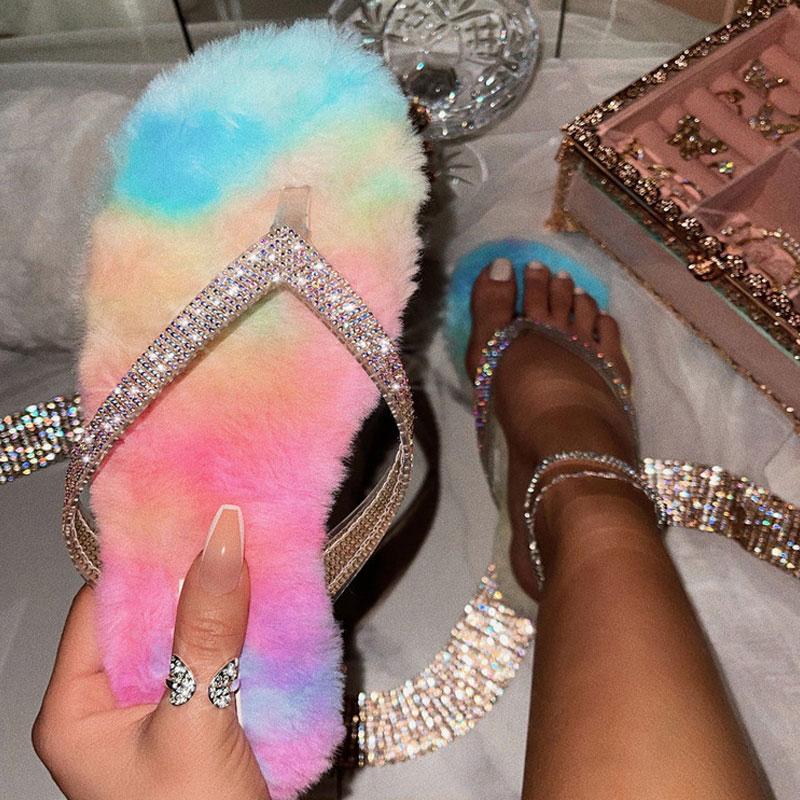 Colorful Rhinestone Fluffy Flip Flops