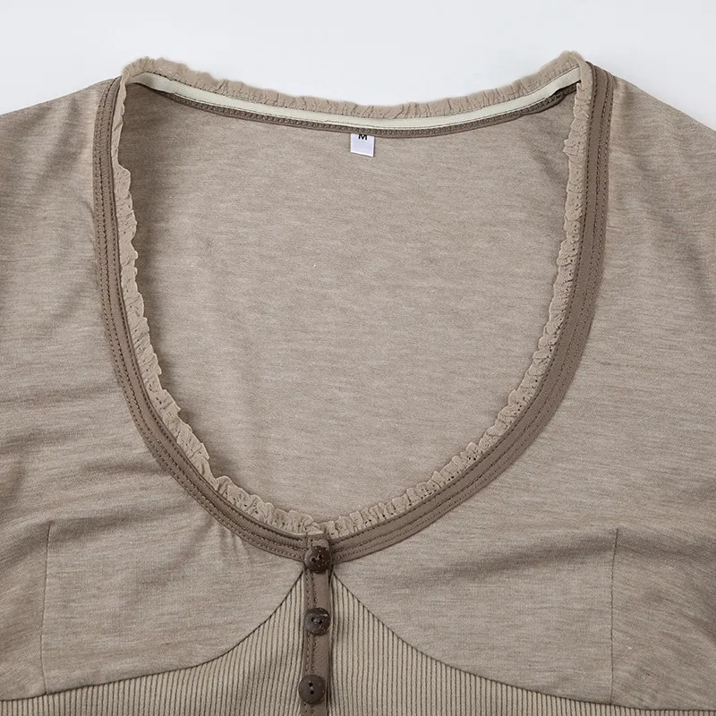 BASIC V-NECK LOW CUT BREASTED LONG SLEEVE TOP