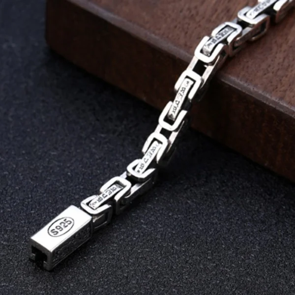 Sterling Silver Six Character Truth Dragon Square Byzantine Chain Bracelet