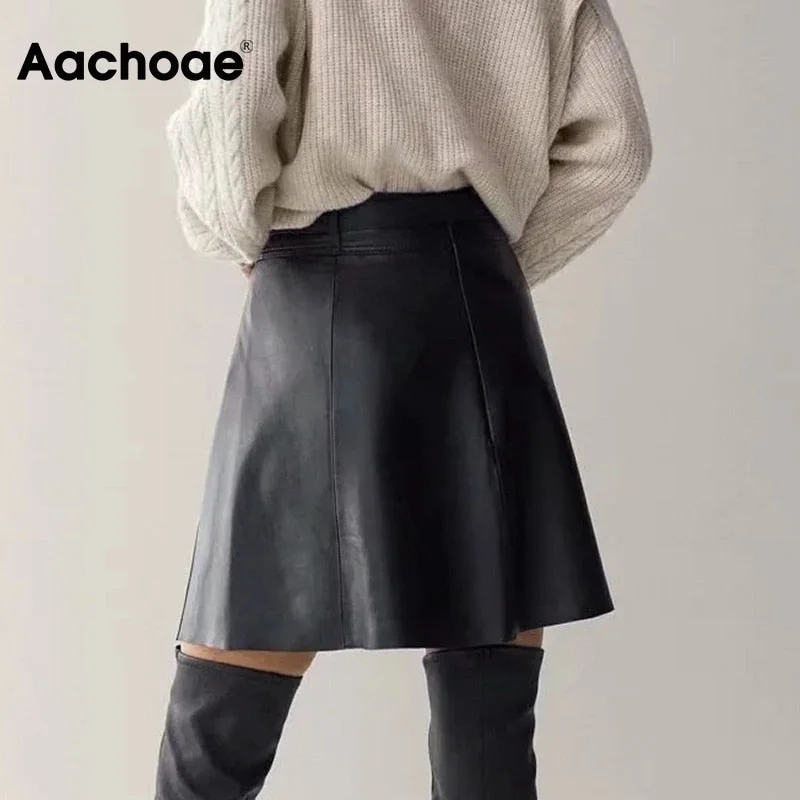 Aachoae Chic Women Black PU Faux Leather Skirt With Belt High Waist ...