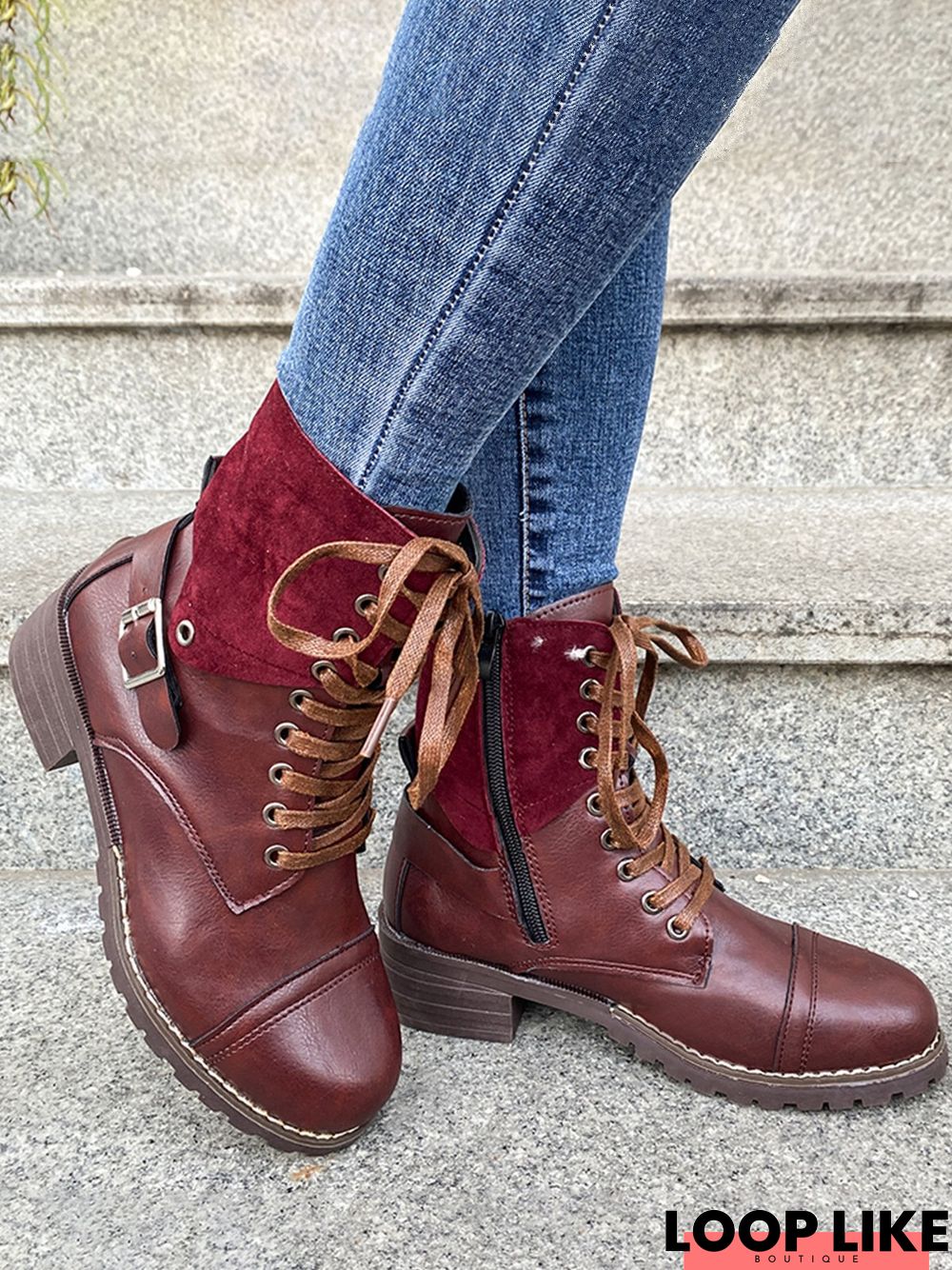 Retro Stitching Lace-up Zipper Boots