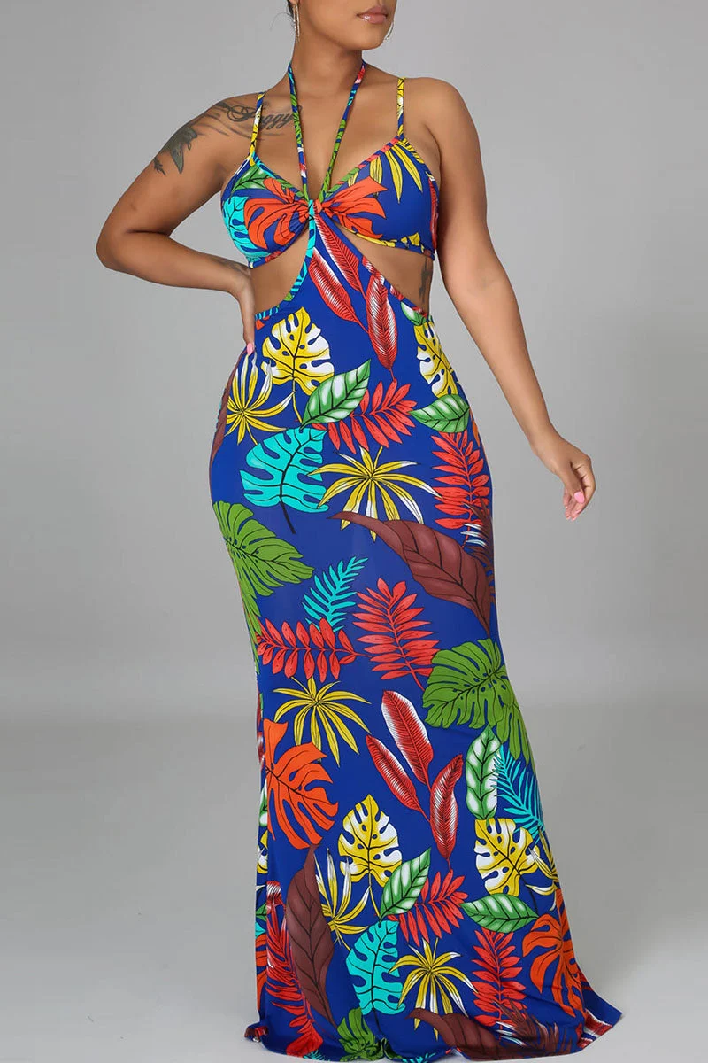 Sexy Print Split Joint Frenulum Halter Dresses