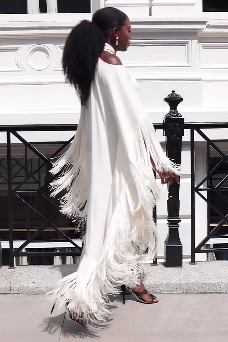 Fringed Cold Shoulder Cape Loose Maxi Dresses