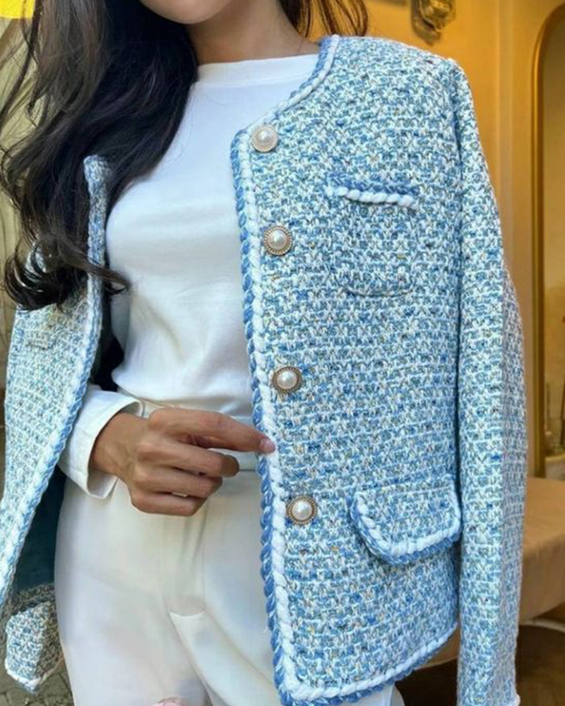 Women's Light Blue Tweed Jacket Pearl Buttons