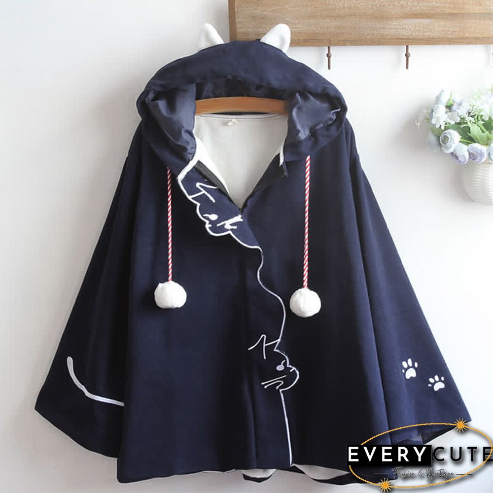 Cat Embroidery Zipper Hooded Cloak Coat
