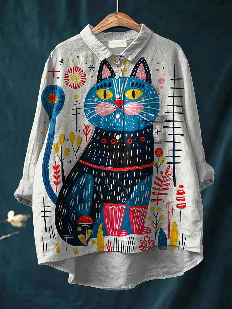 Cat Print Casual Cotton And Linen Shirt