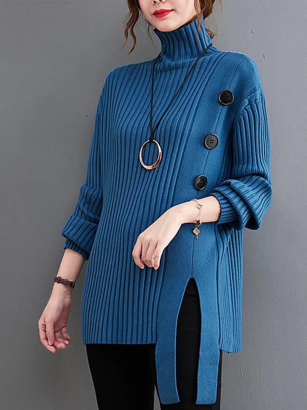 Urban Buttoned Split-Side Asymmetric Split-Joint High-Neck Sweater