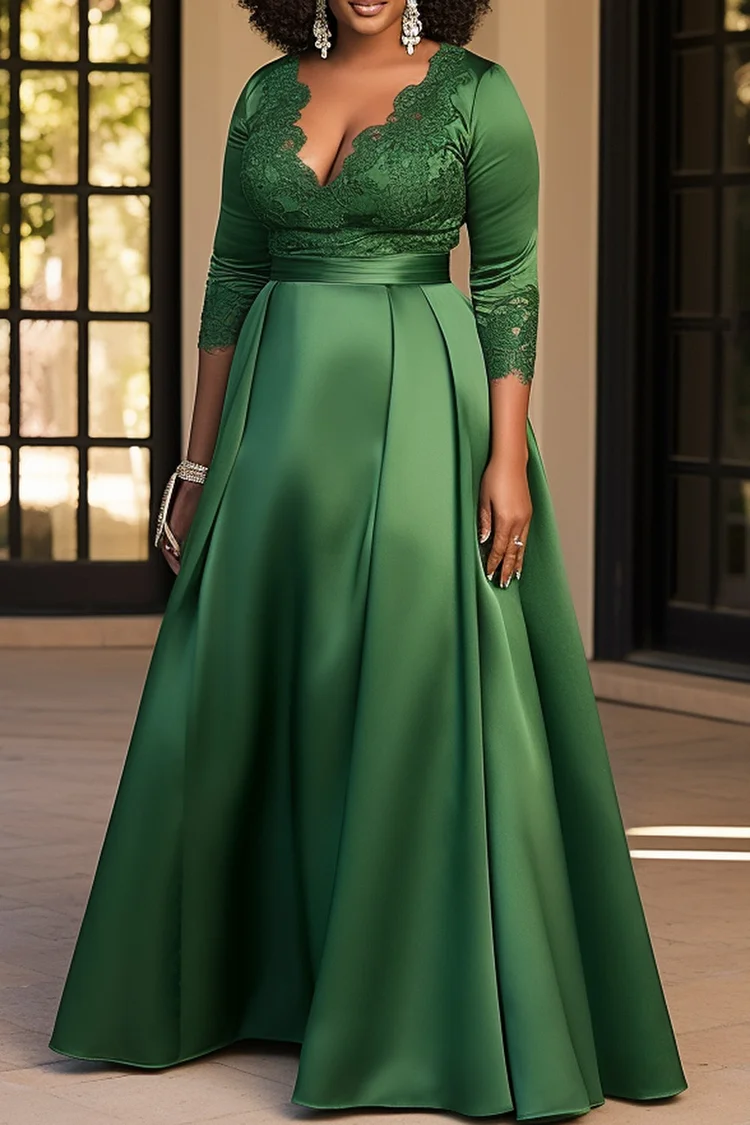 Xpluswear Design Plus Size Evening Gowns Green V Neck 3 4 Sleeve