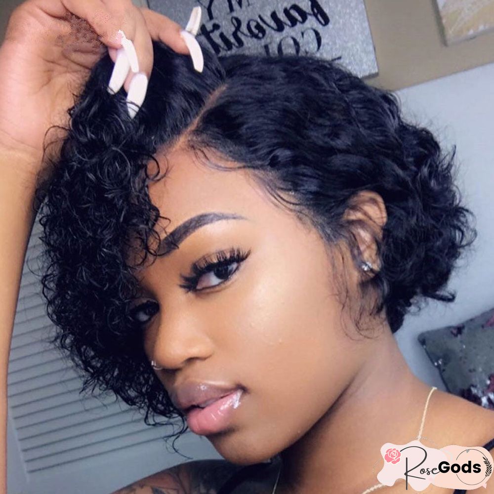 Female Short Curly Hair Medium Split Wig Small Curly Head Black