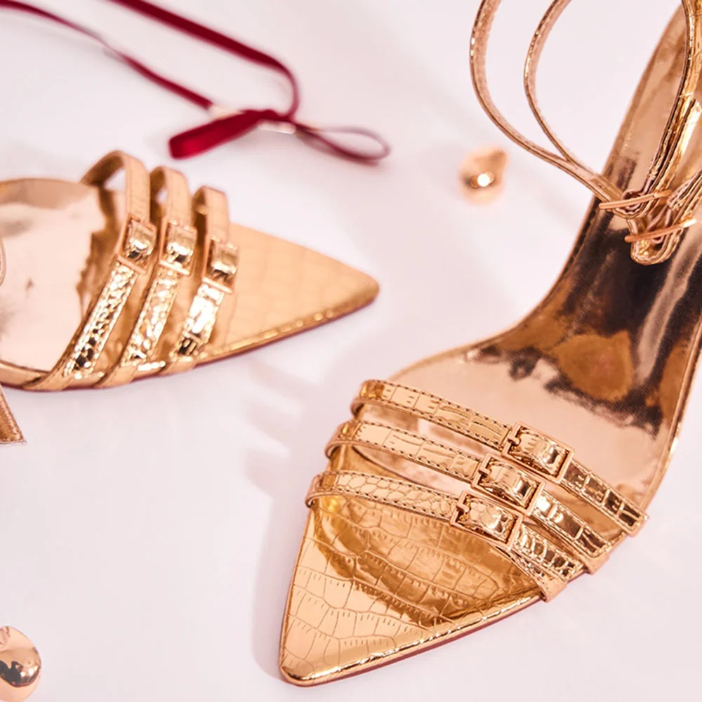 Rose Gold Metallic Vegan Leather Opened Pointed Toe Croc Embossed ...