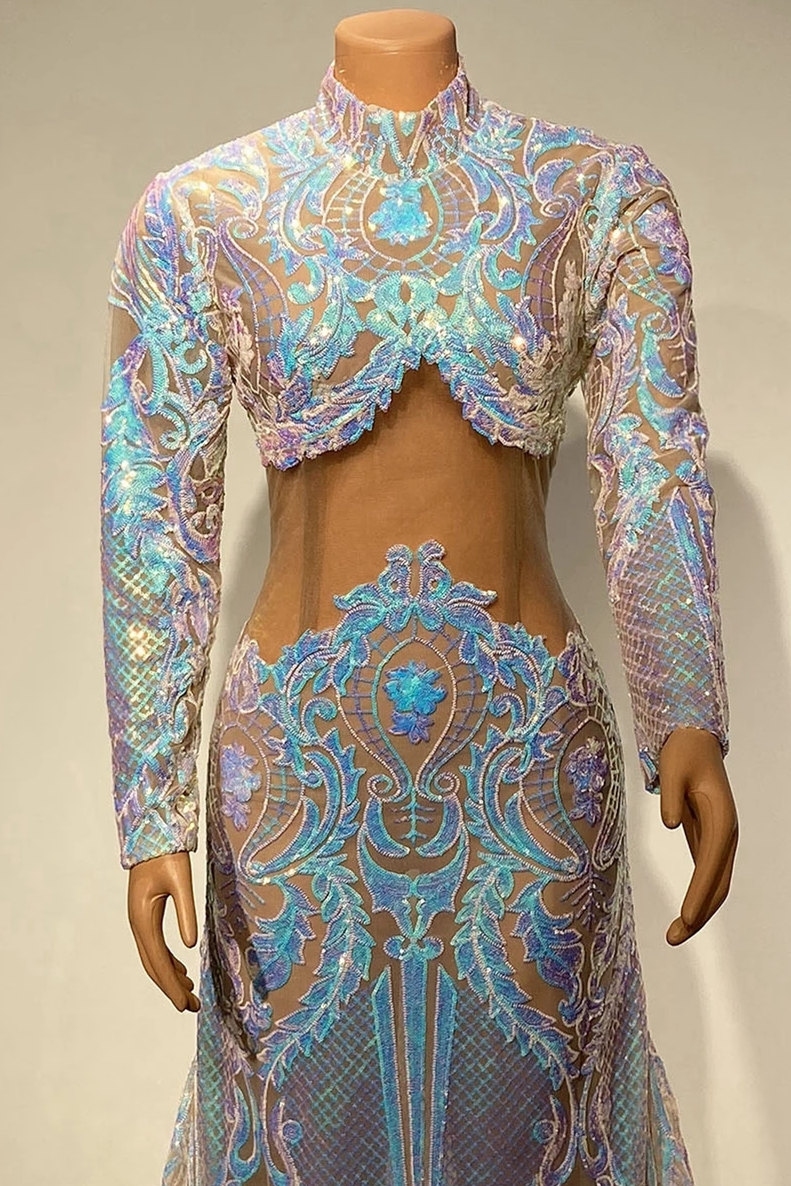 DaisdaHigh Neck Mermaid Long Sleeves Prom Dress With Sequins Lace