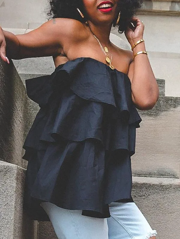 Elegant A-Line Tube Vest Top with Layered Ruffles and Elastic Fit