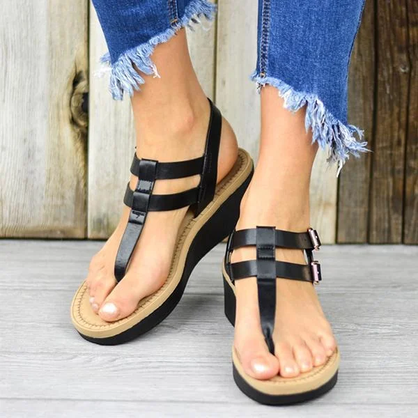 Adjustable Buckle T-Strap Wedge Sandals