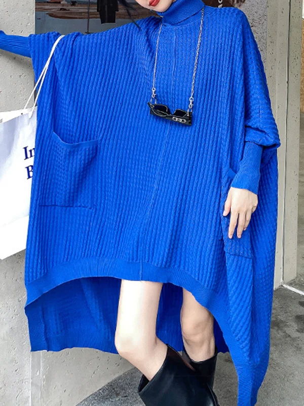 Elegant High-Neck Batwing Sleeve Sweater Dress with High-Low Hem and ...