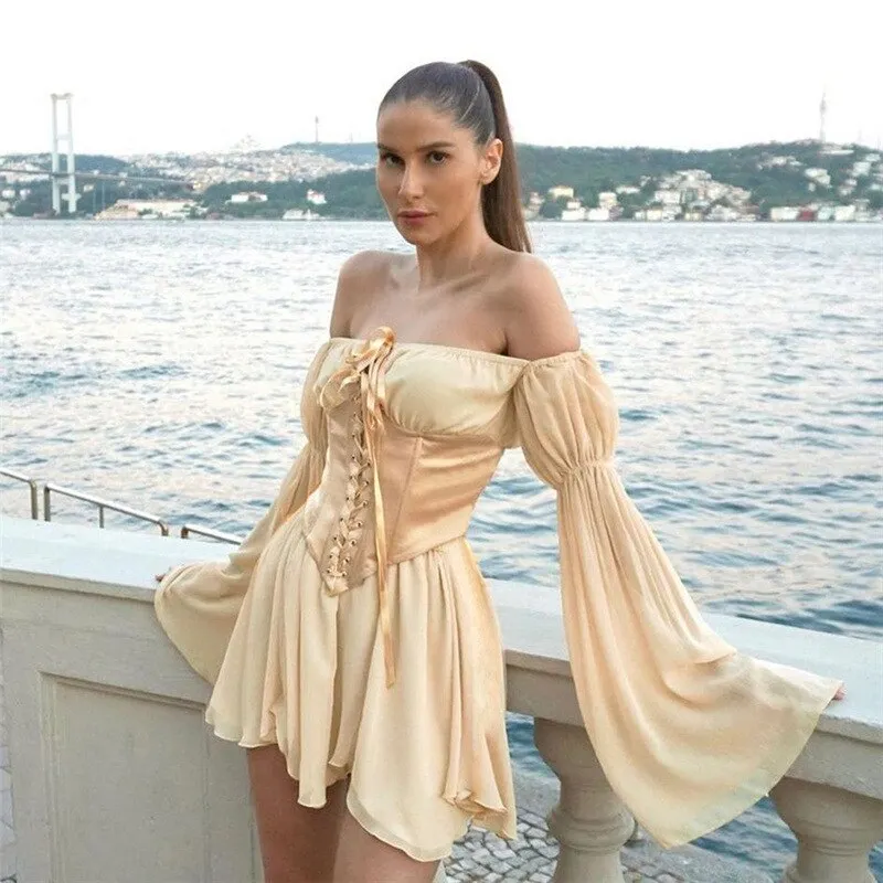 Wongn Chiffon Boho Dresses Flare Sleeve Mini Dress Sexy Vintage ...