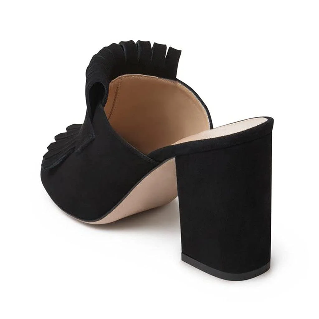 Black Faux Suede Opened Toe Wide Band Fringe Mules With Chunky Heels