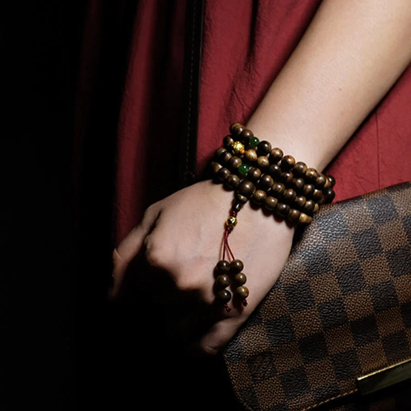 108 Mala Beads 999 Gold Agarwood Cyan Jade Six True Words Strength Bracelet