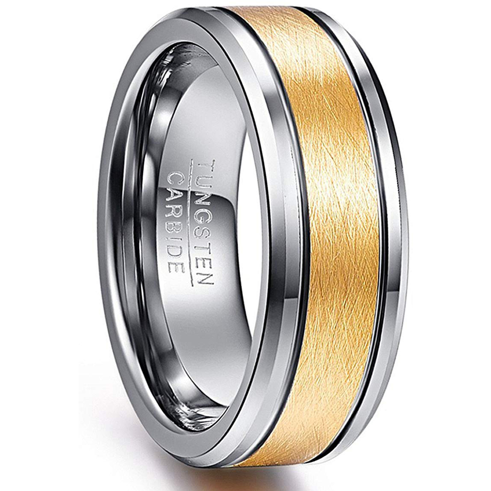 Gold Plated Tungsten Matching Ring Brushed Couple Wedding Band Beveled ...