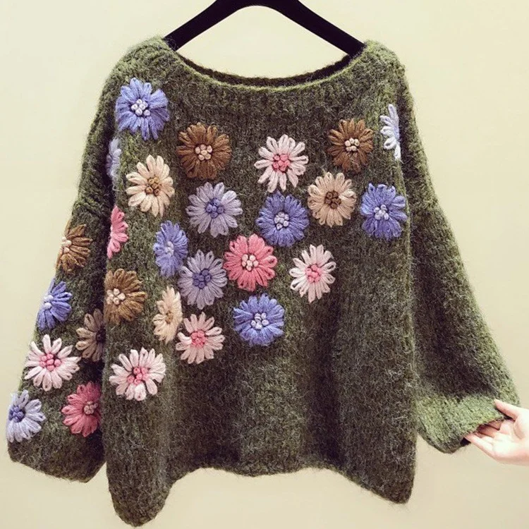 Beautiful Green Embroideried Floral Knit Sweaters Winter