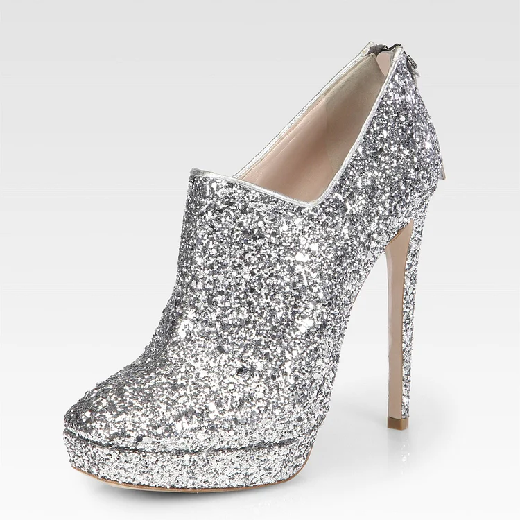 Silver Glitter Stiletto Platform Ankle Booties Vdcoo