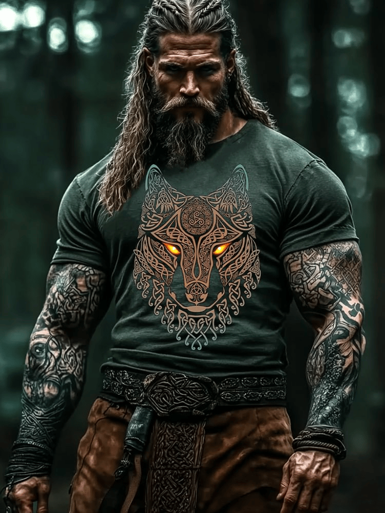 Men's Viking Rune Wolf Totem Print Short Sleeve T-shirt