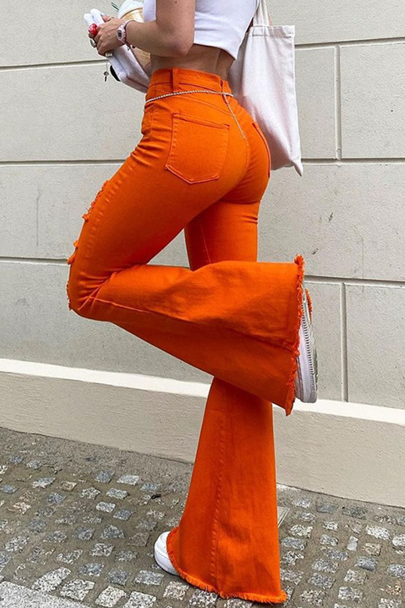 Street Solid Ripped Split Joint High Waist Denim Jeans