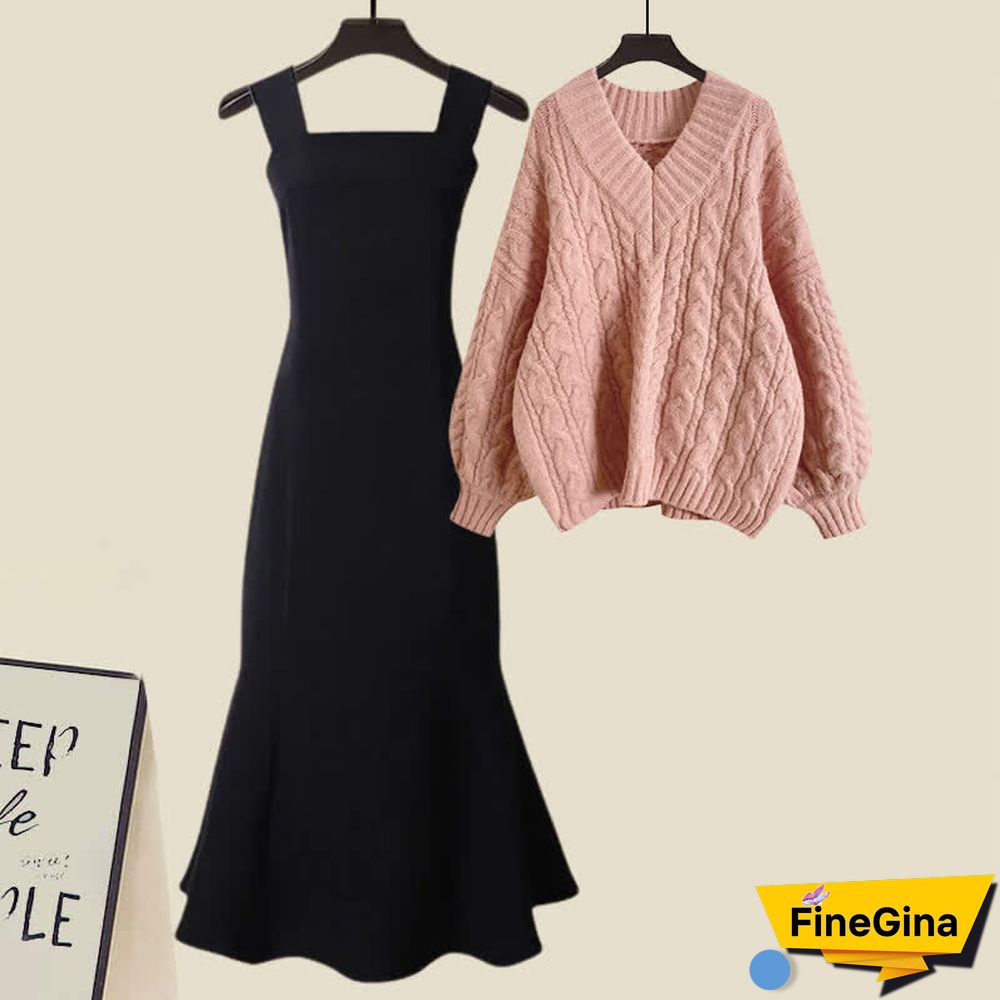 FineGina V-neck Cable Sweater Fishtail Slip Dress Two Pieces Set