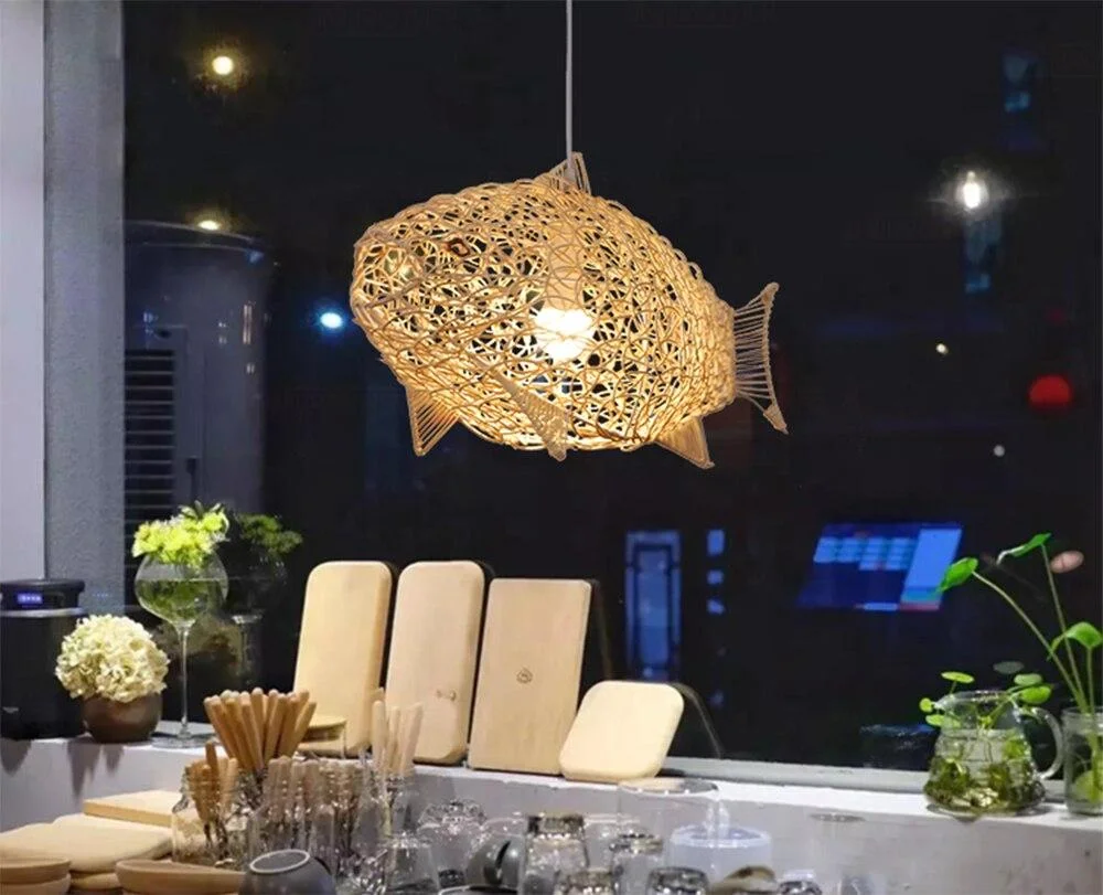 Creative Fish Pendant Lights Hand Woven Rattan Hanging Lamps Restaurant ...