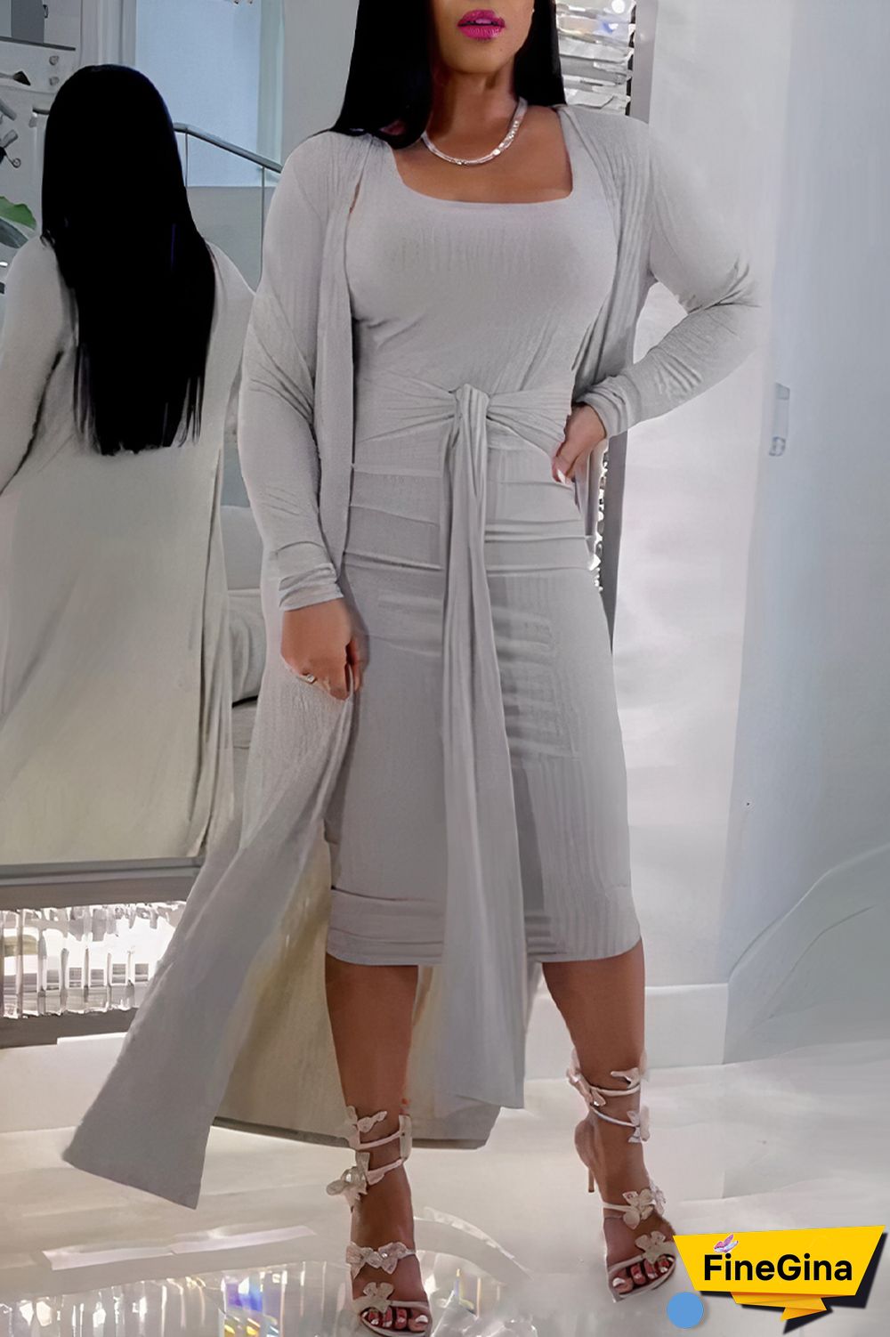 FineGina Rib-Knit Self Tie Midi Dress & Cardigan Set