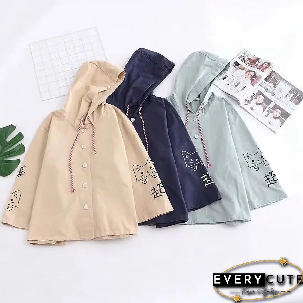 Japanese Kitty Print Cape Hooded Outerwear