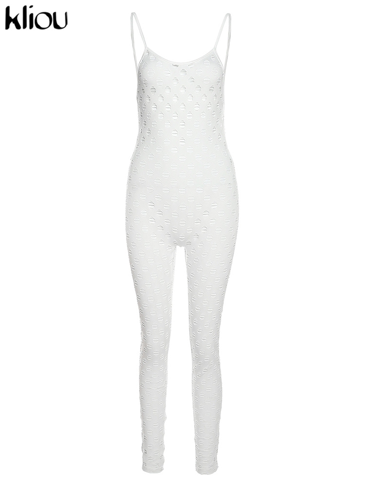 Woherb Kliou Hollow Out See Through Jumpsuit For Women Solid Sexy Sling ...