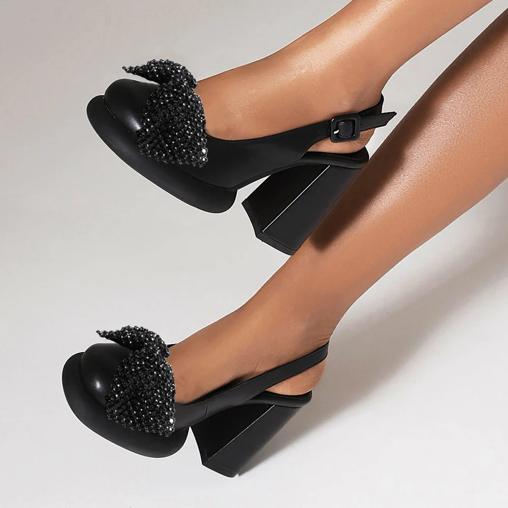 Black Closed Toe 4'' Chunky Heel Slingback Pumps with Platform
