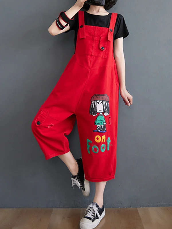 Charming Cartoon-Printed Puff Denim Overalls for a Playful Look