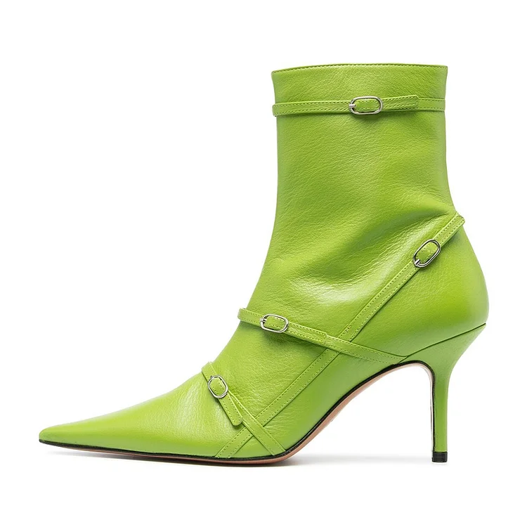 Lime Green Buckle Pointy Toe Ankle Booties Vdcoo