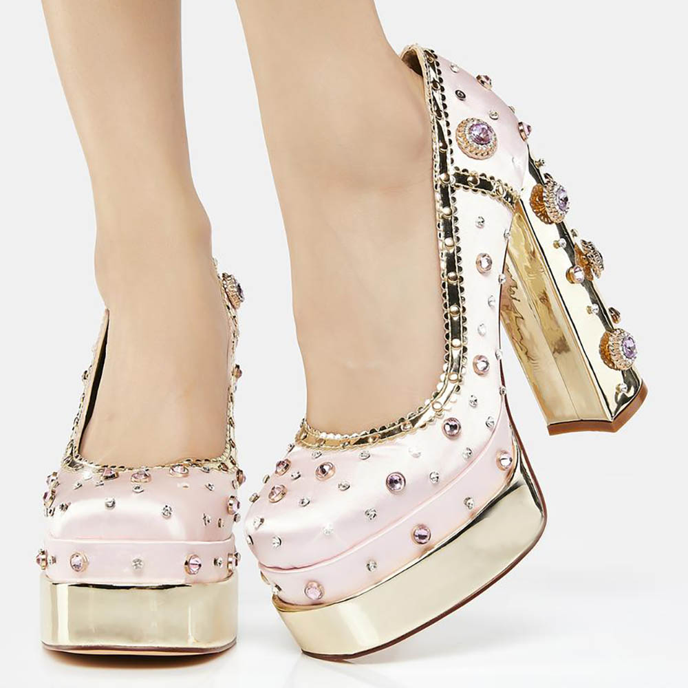 Light Pink Rhinestone Square Toe Chunky Heel Platform Pumps