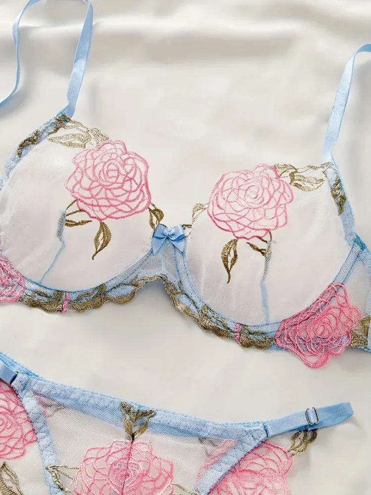 Churchf Blue Sheer Rose Embroidered Lingerie Set