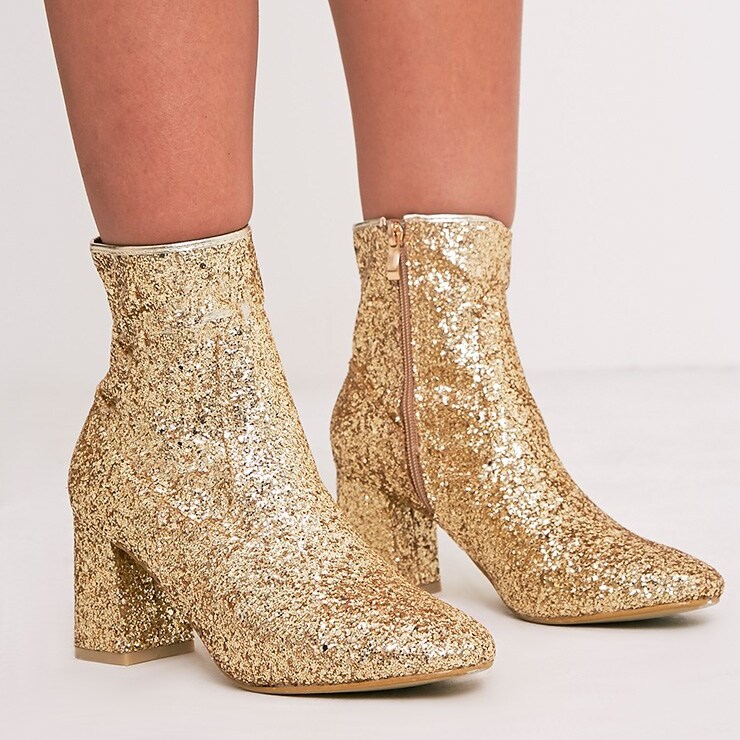 Gold Glitter Block Heel Ankle Boots Vdcoo