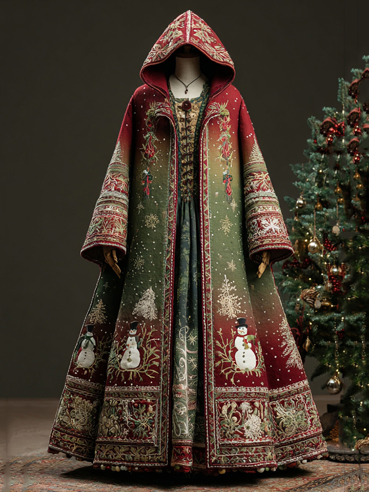 Vintage Christmas Tree And Snowman Embroidered Print Long Hooded Cloak