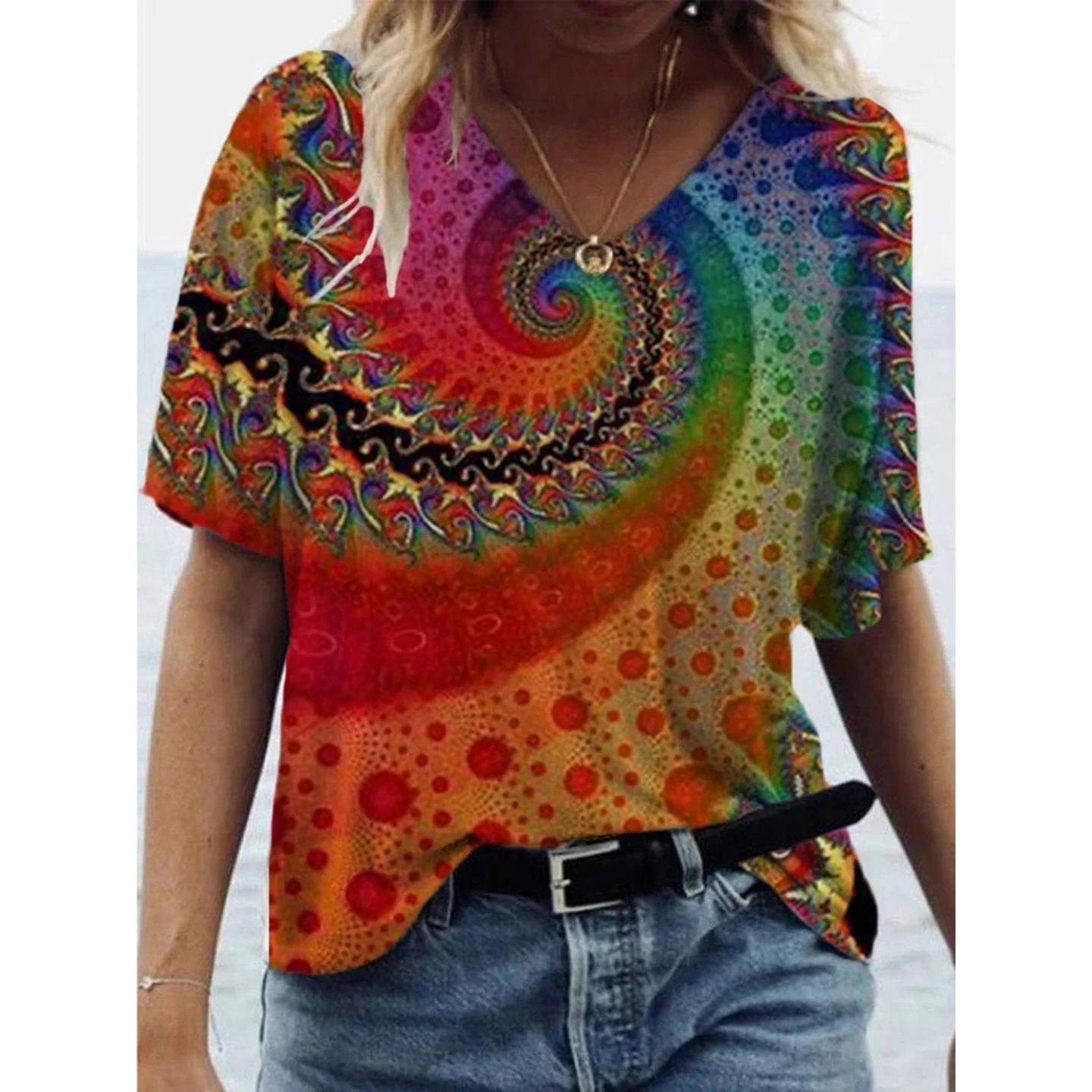 Multicolor Swirls Fashion Short Sleeves Graphic Tees