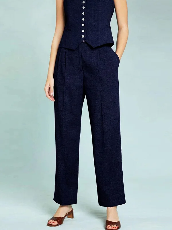 Elegant Sleeveless Deep V-Neck Vest and Pleated Pants Two-Piece Set