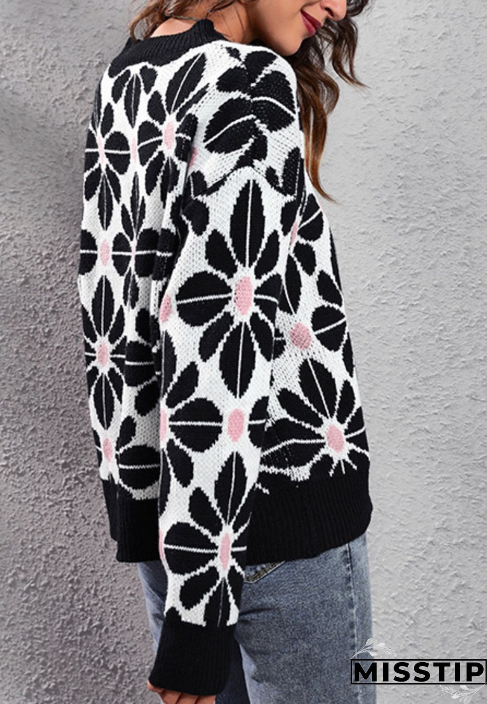 Geometric Floral Print Sweater - MissTip