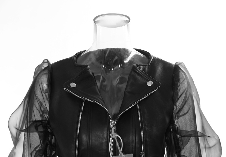 Stylish Patchwork Mesh See-through Leather Biker Jacket