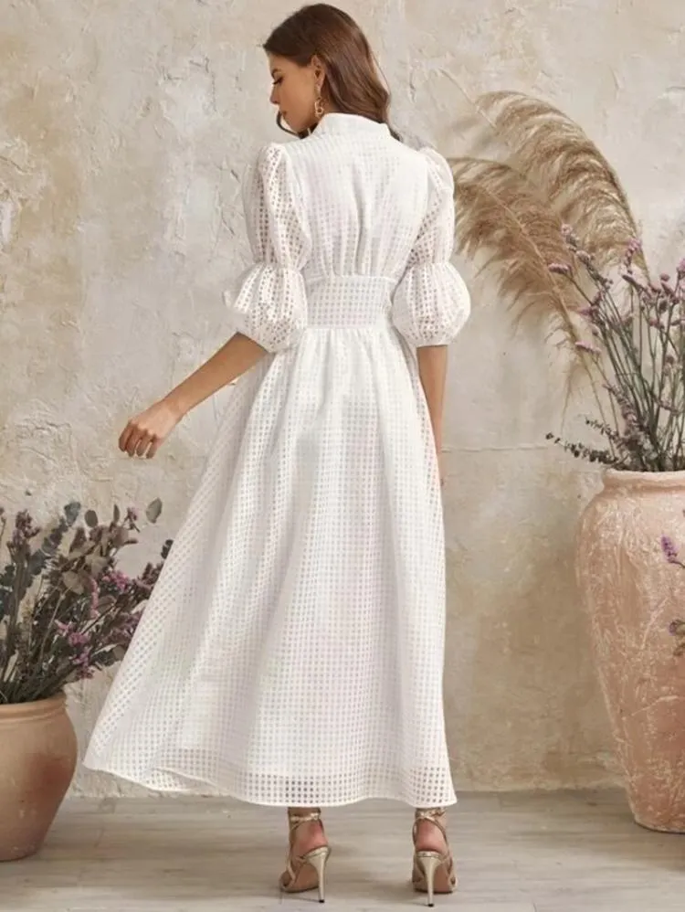 Spring White Deep V-neck Puff Half Sleeve Swing Long Dress